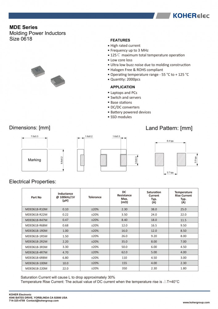 MDE Series molding power inductor datasheet page 1