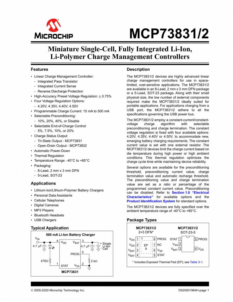 MCP73831T-2DCI/MC datasheet page 1