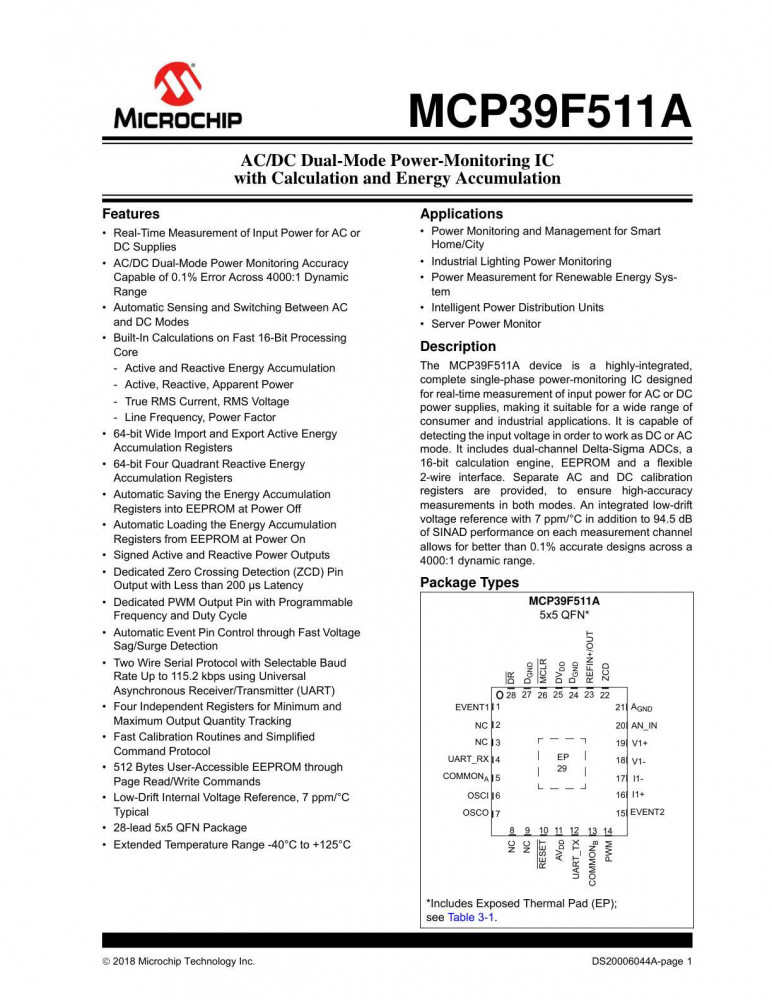 MCP39F511A document page 1