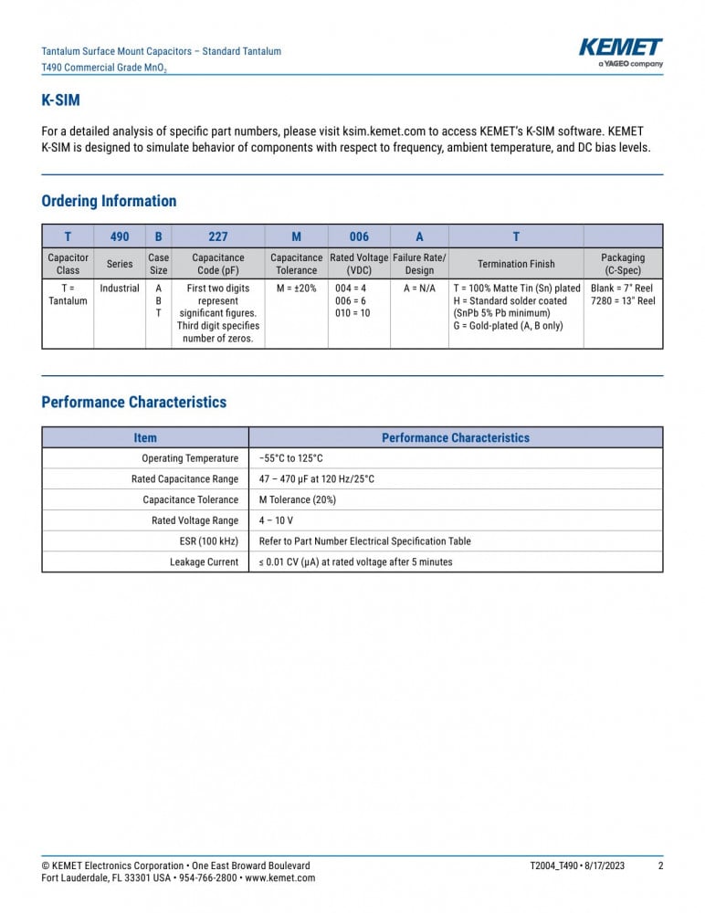 KEMET T490 datasheet page 2