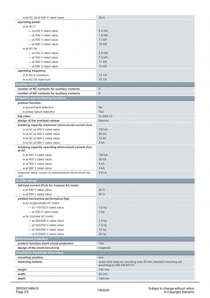 3RV24314BA10 technical document page 2