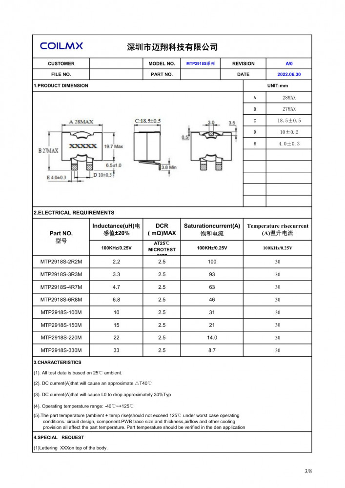 MTP2918S-3R3M specification page 3