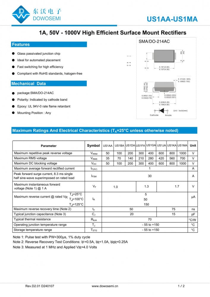 DOWO US1JA datasheet page 1