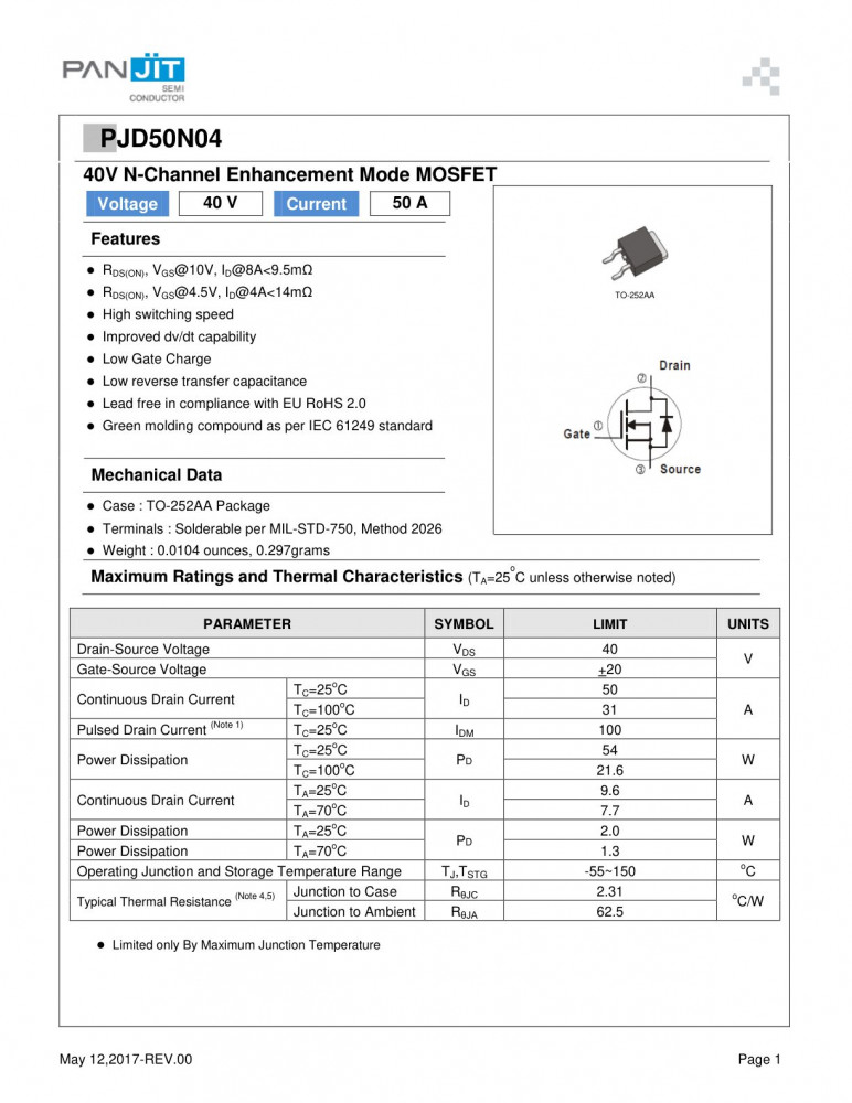 PJD50N04 datasheet page 1