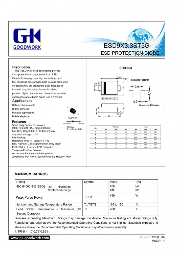 ESD9X3.3ST5G technical document page 1