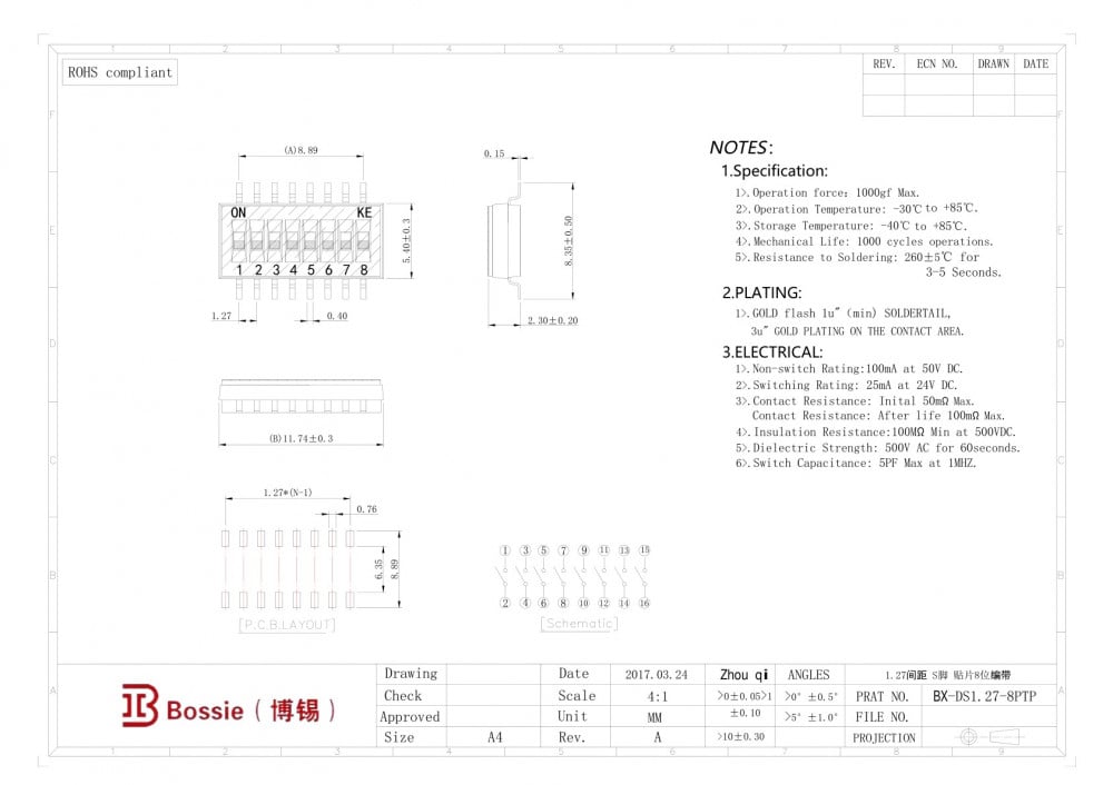 BX-DS1.27-8PTP technical drawing page