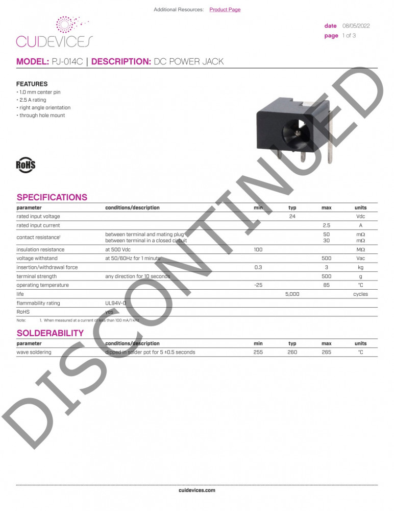 CUI PJ-014C datasheet page 1