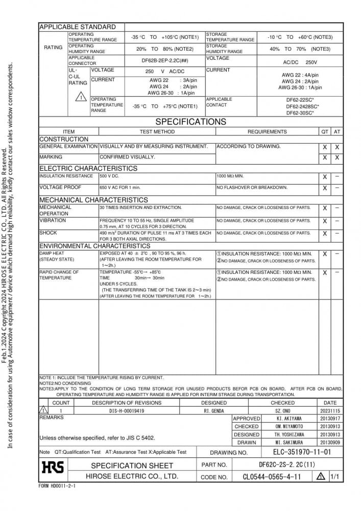 HRS DF62C-2S-2.2C(11) specification sheet preview