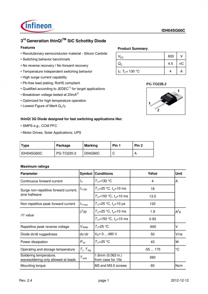 IDH04SG60C datasheet page 1