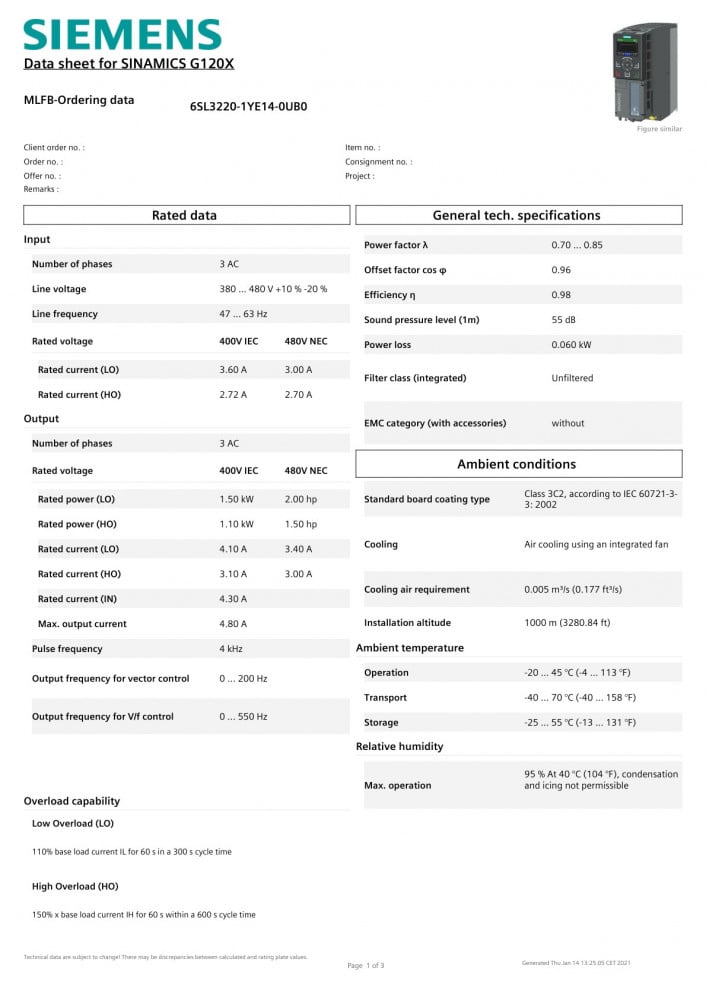 6SL32201YE140UB0 technical document page 1