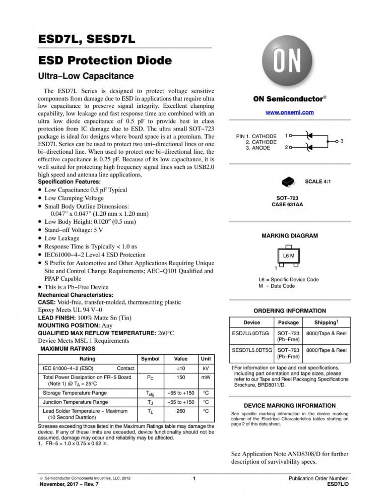 ESD7L5.0DT5G datasheet page 1