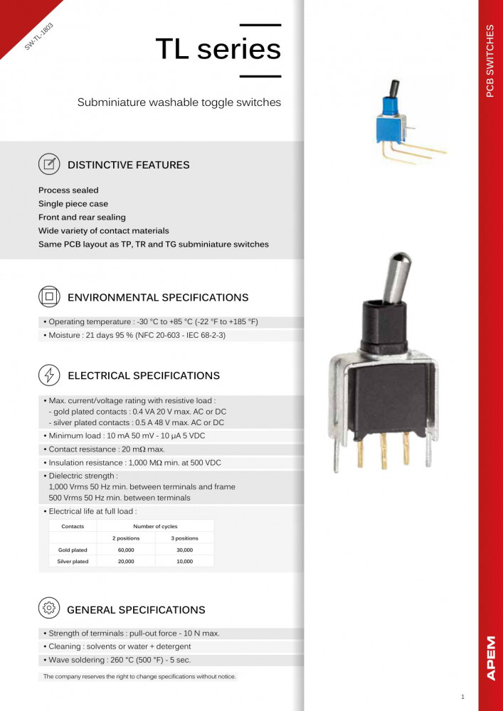 APEM TL series datasheet page 1