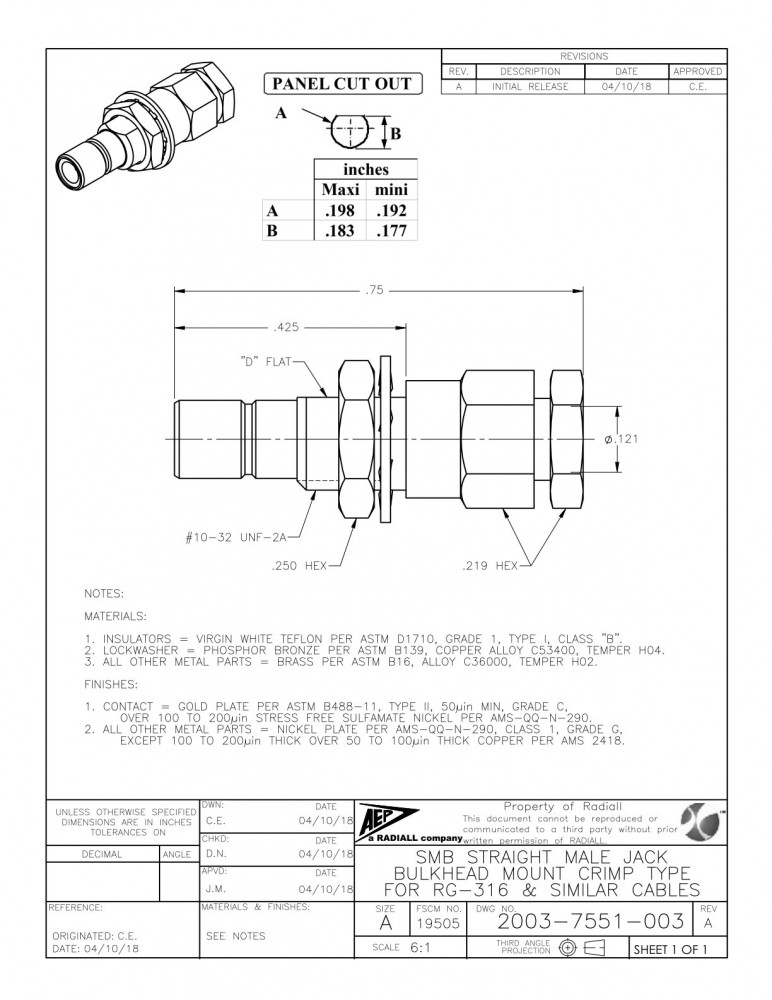 Radiall 2003-7551-003 SMB bulkhead connector drawing