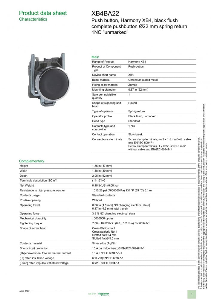XB4BA22 technical document page 1