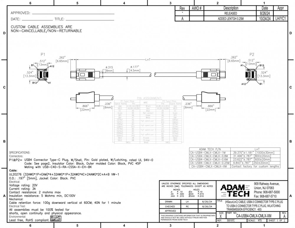 ADAM TECH USB4 Type-C cable assembly drawing, page 1