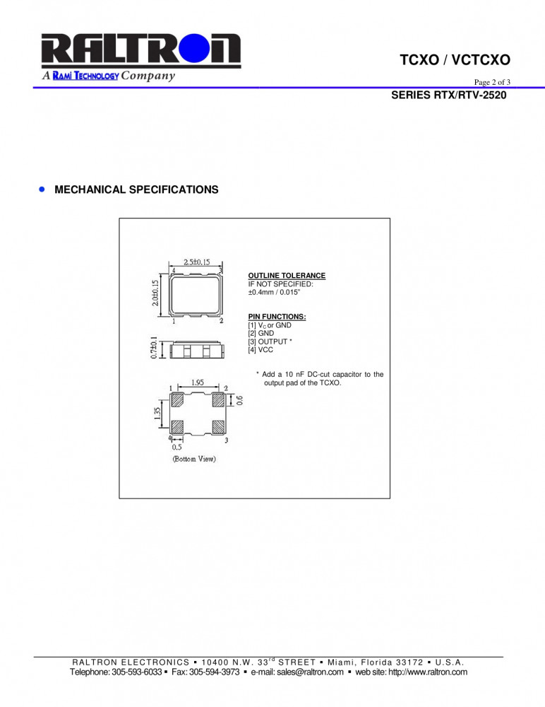 Raltron RTX-2520 mechanical drawing and pin functions