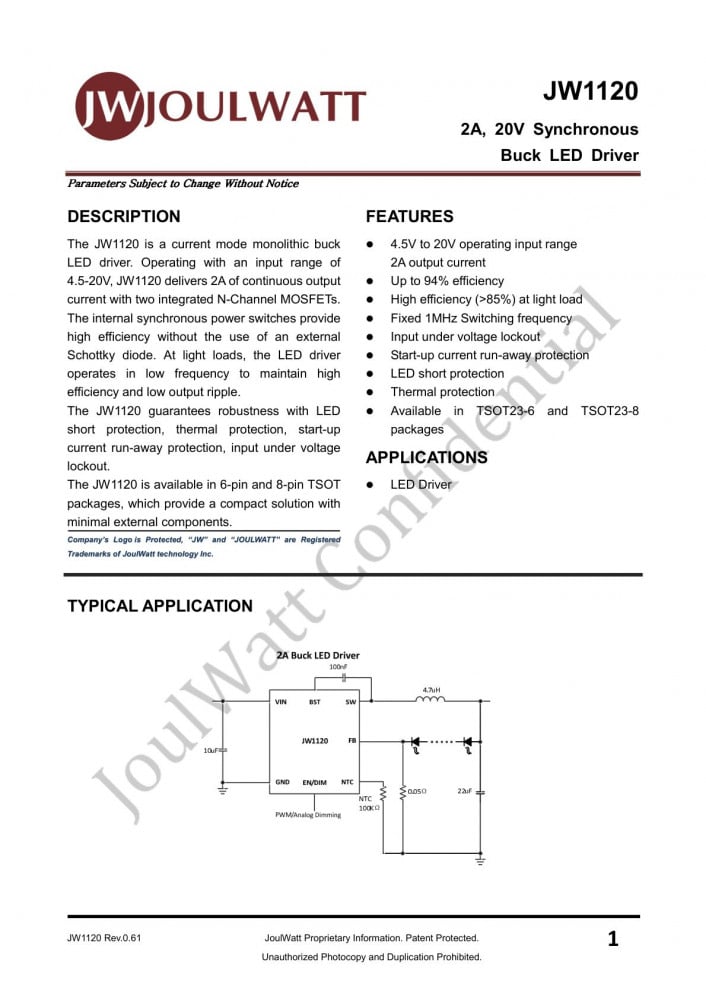 JW1120 datasheet page 1