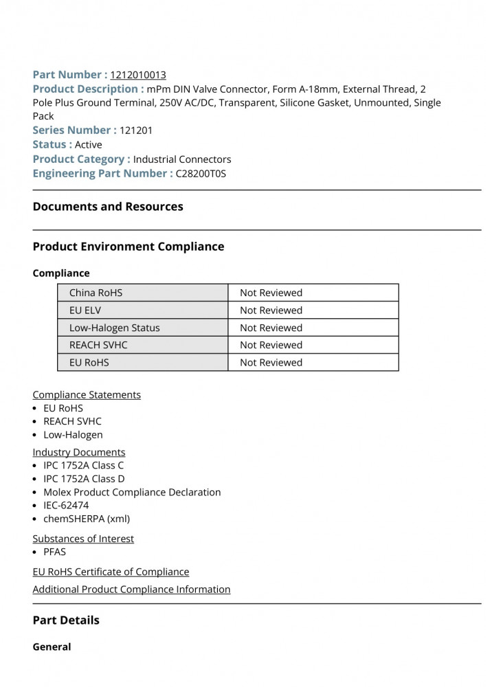 MOLEX DIN valve connector specification preview, page 1