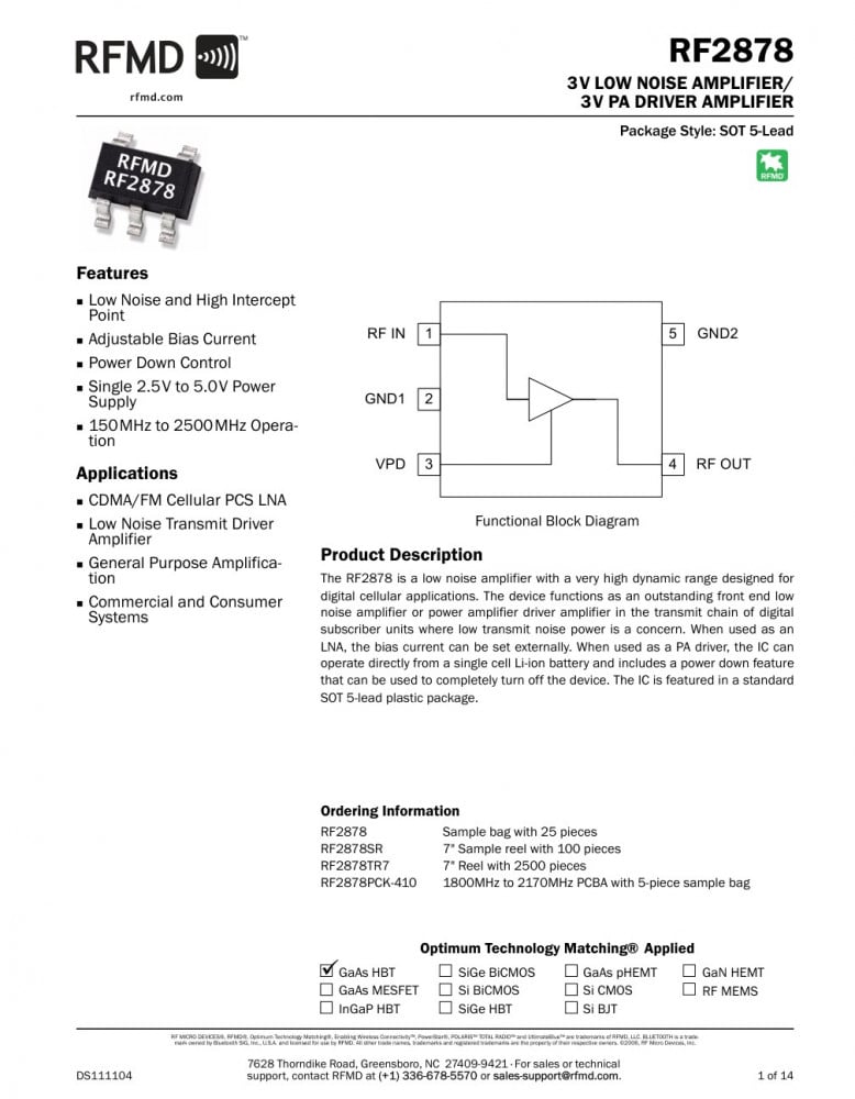 RF2878TR7 datasheet page 1