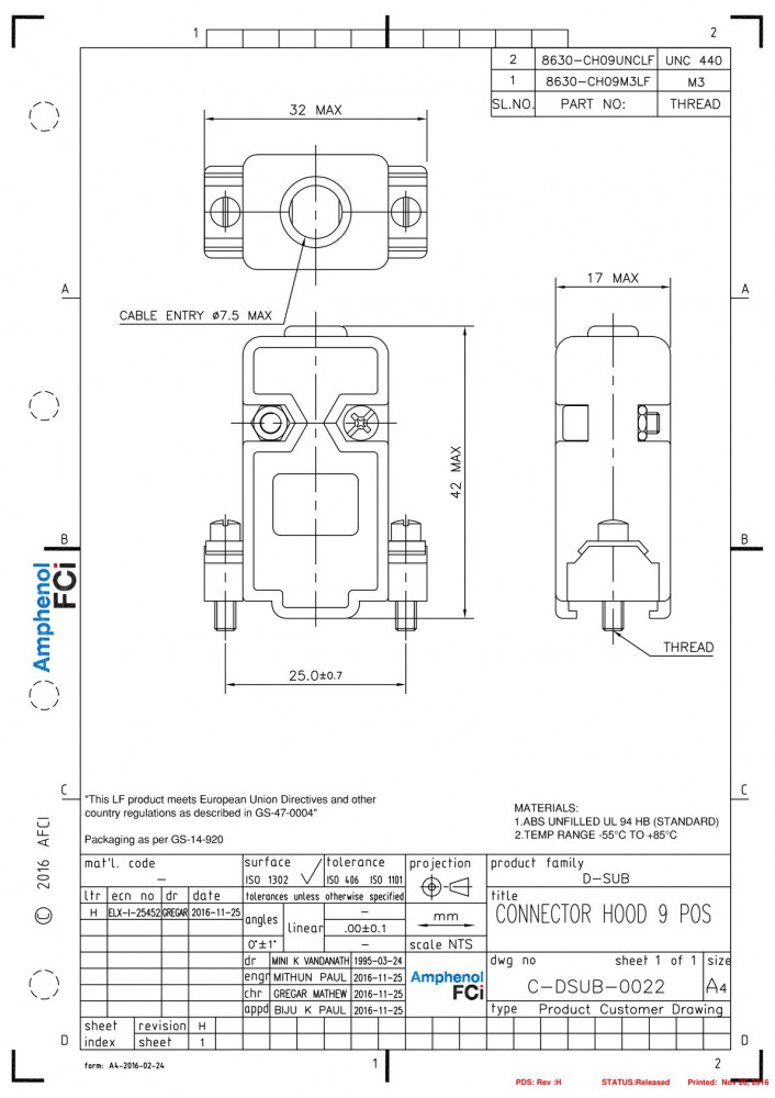 Amphenol 8630CH09M3LF product drawing