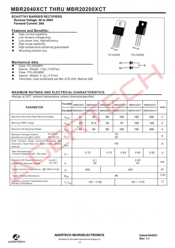 MBR20100CT datasheet page 1