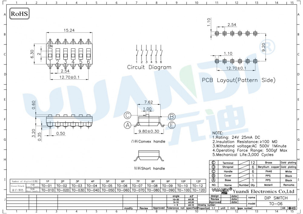 YUANDI TO-06 DIP switch technical drawing