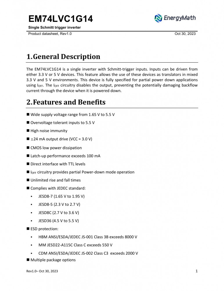 EM74LVC1G14GV datasheet page 1