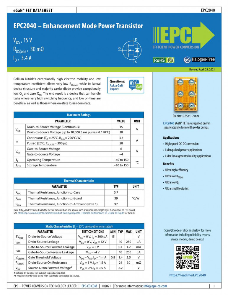 EPC2040 datasheet preview, page 1