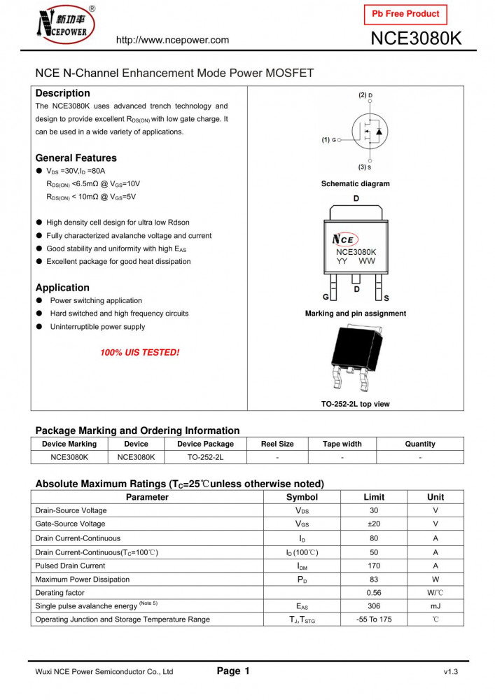 NCE3080K datasheet page 1