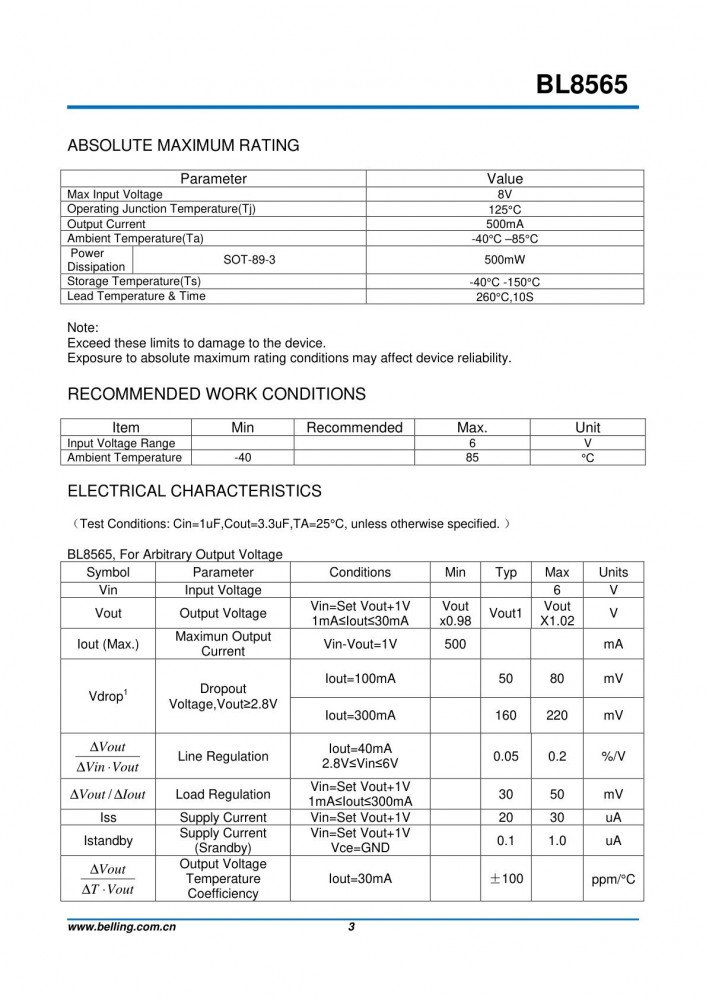 BL8565 datasheet page 3