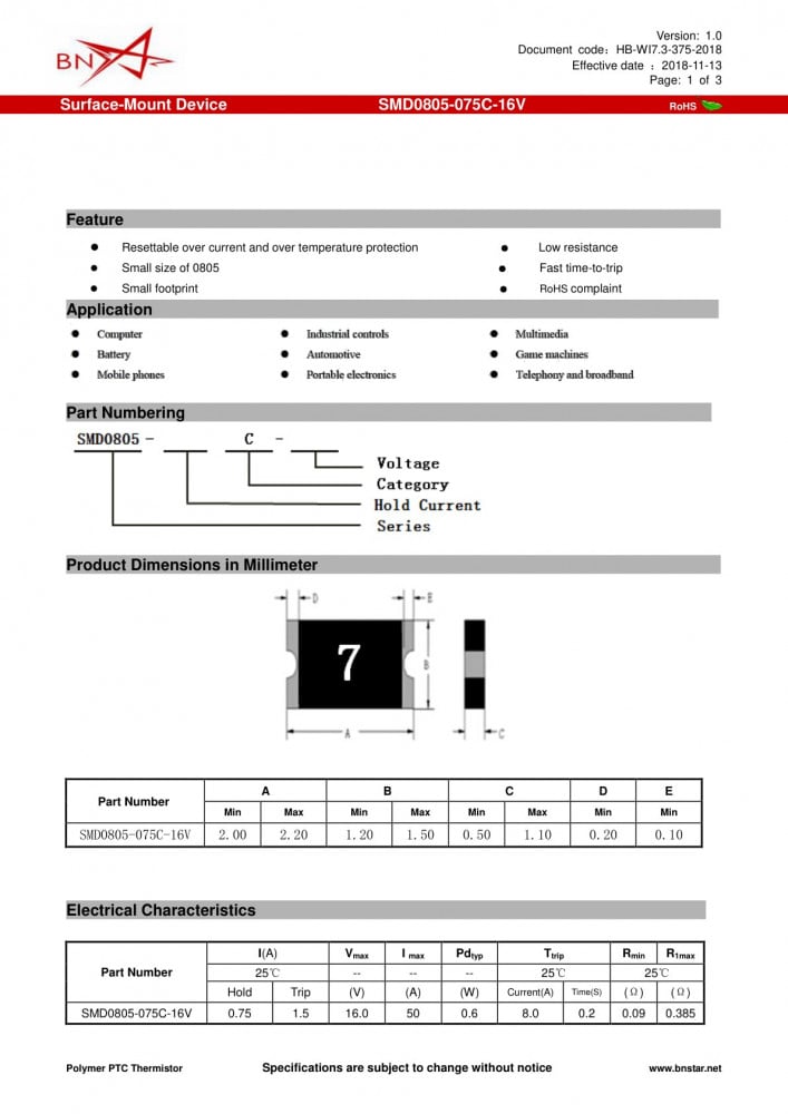 BNstar SMD0805-075C-16V datasheet page 1