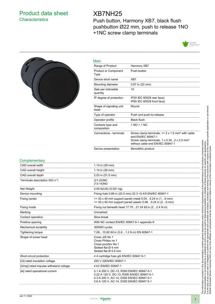 XB7NH25 technical document page 1