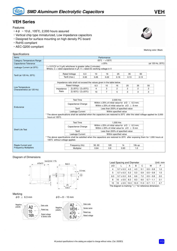 Lelon VEH series datasheet page 1