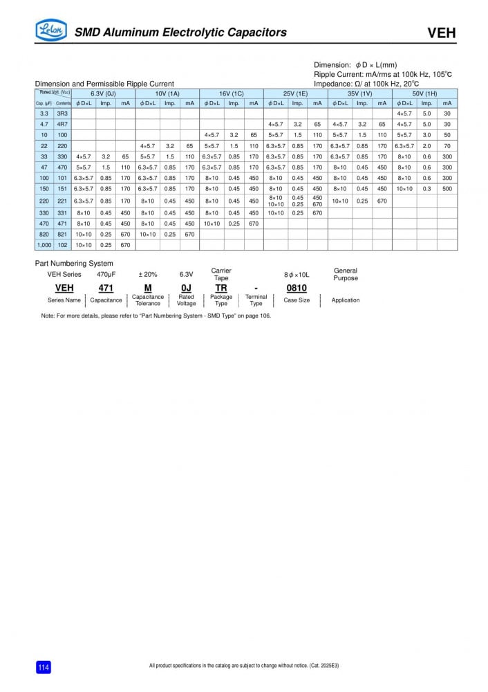 Lelon VEH series datasheet page 2