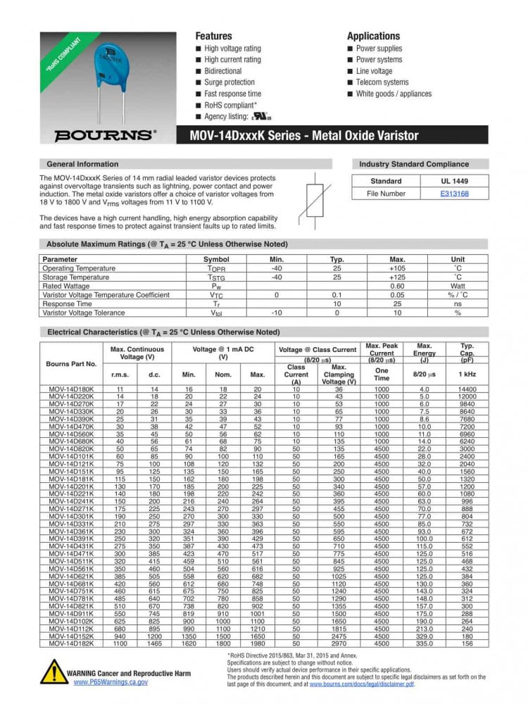 BOURNS MOV-14D series datasheet page 1
