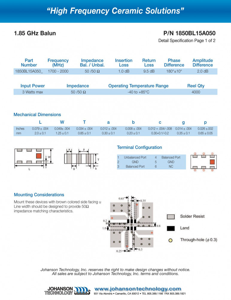 1850BL15A050 balun datasheet page 1
