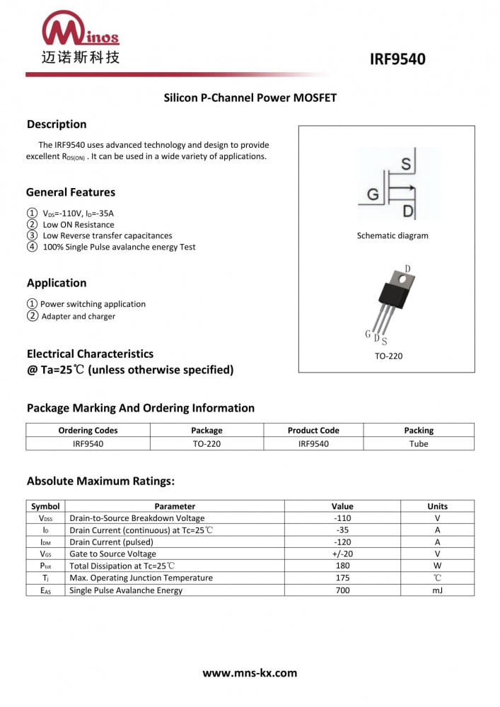 IRF9540 datasheet page 1