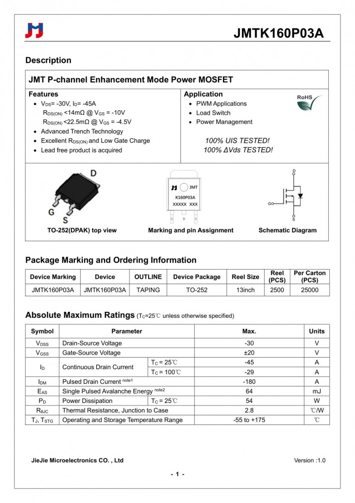 JMTK160P03A datasheet page 1