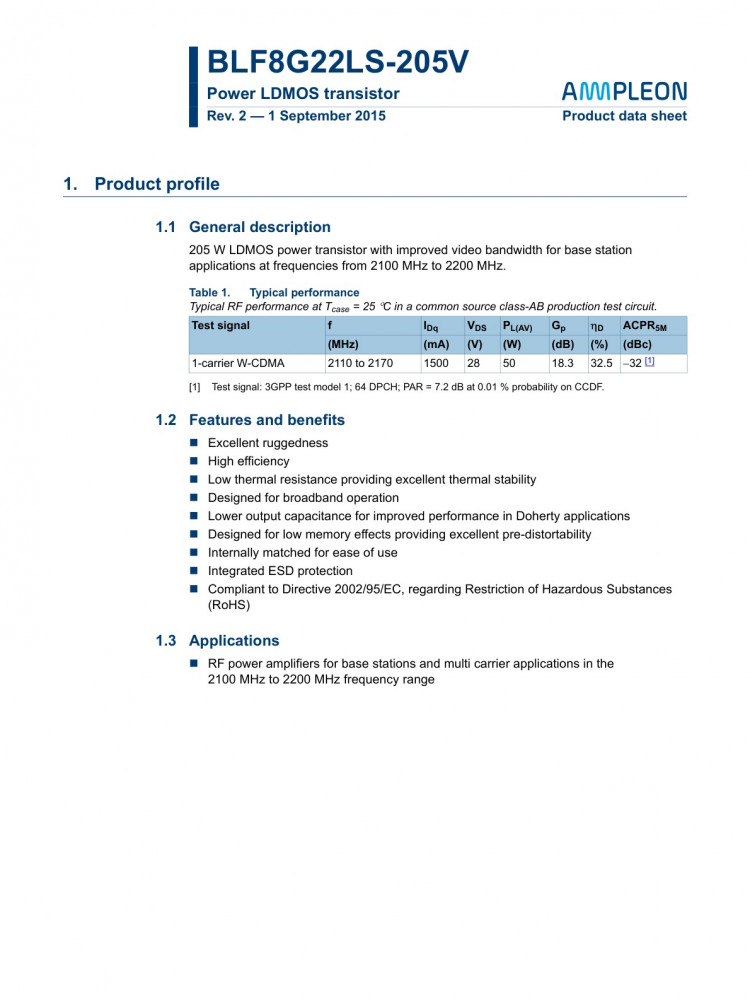 BLF8G22LS-205V datasheet page 1