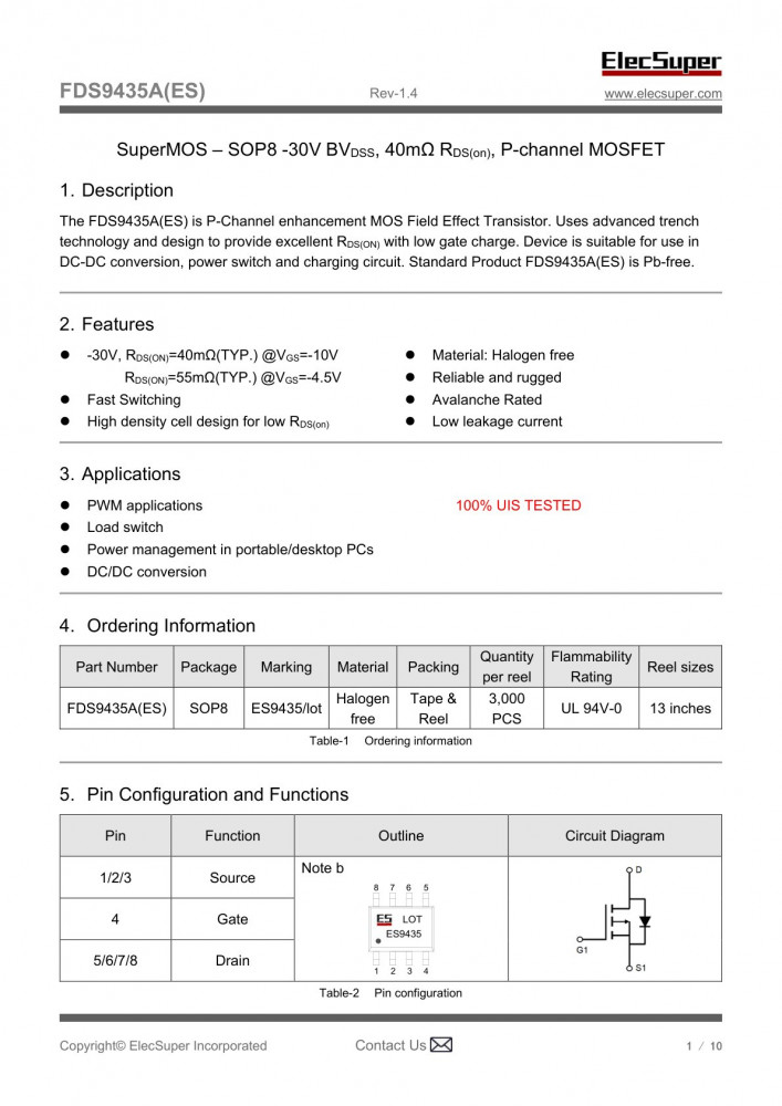 FDS9435A(ES) datasheet page 1