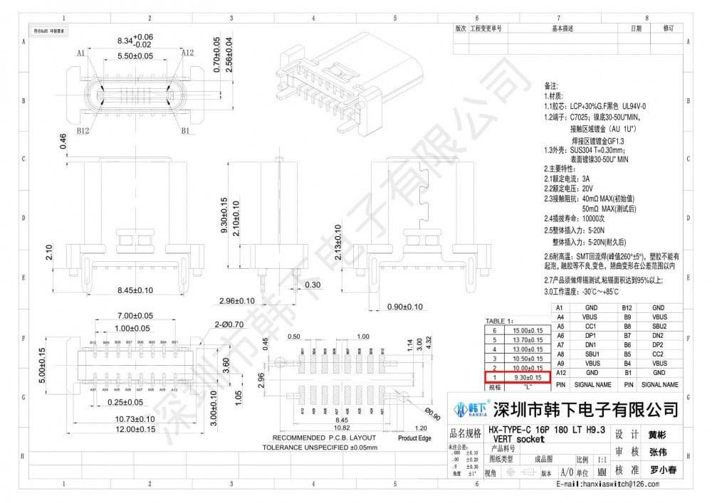 HX-TYPE-C 16P 180 LT H9.3 VERT technical document preview
