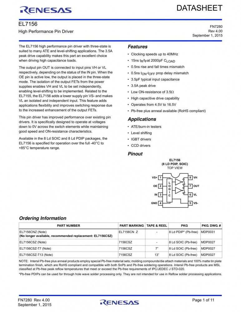 EL7156CNZ datasheet page 1