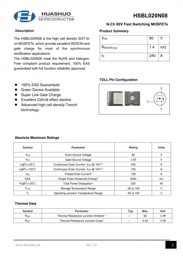 HSBL020N08 datasheet page 1