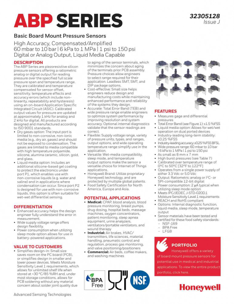 Honeywell ABP Series datasheet page 1