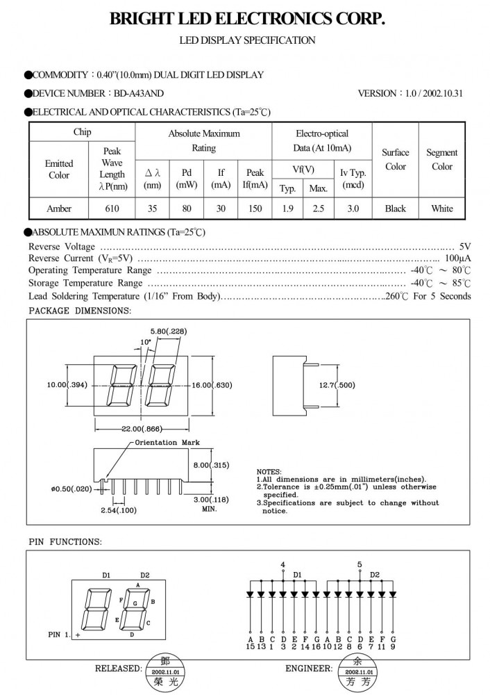 BD-A43AND specification document image, page 1