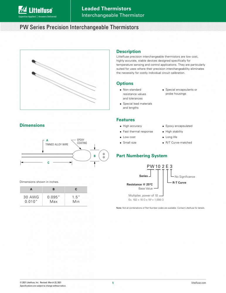 PW Series thermistor document page 1