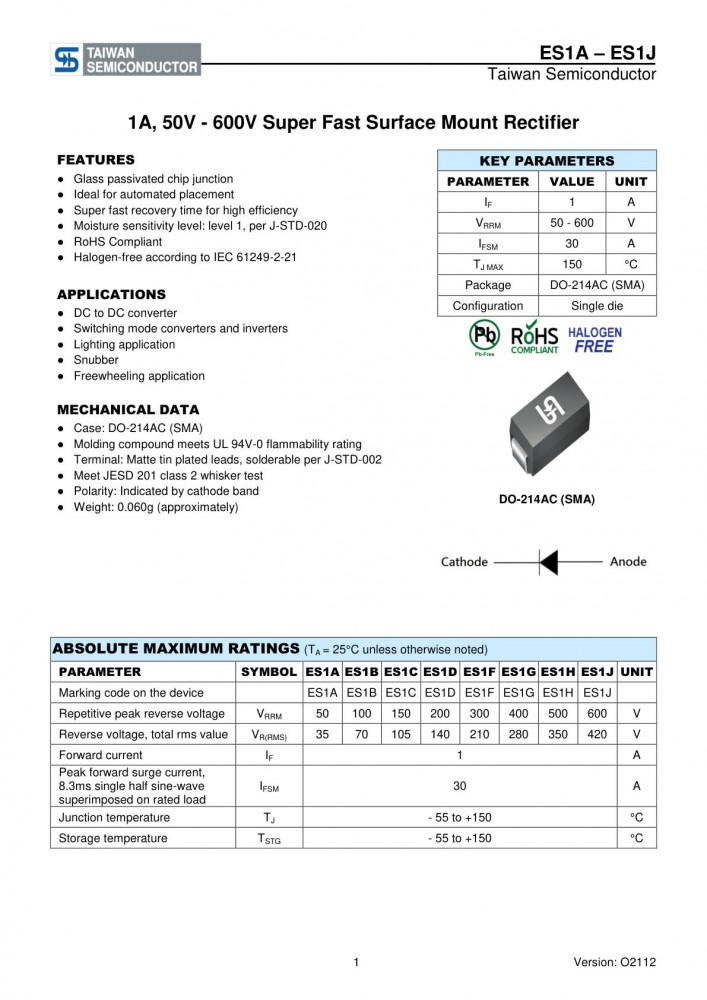 ES1A datasheet page 1
