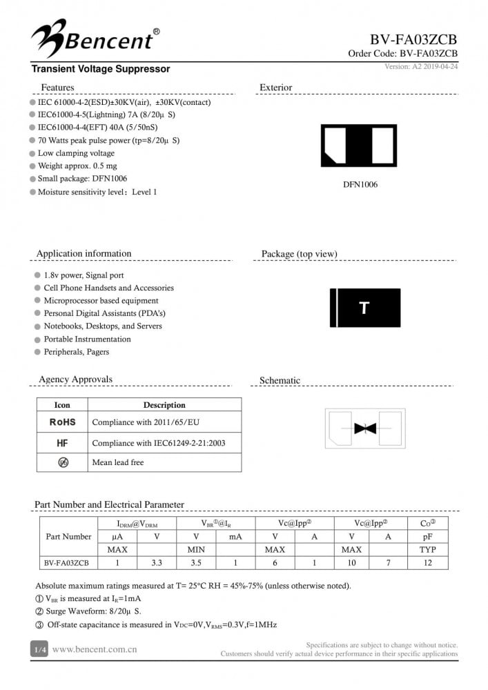 BV-FA03ZCB datasheet page 1