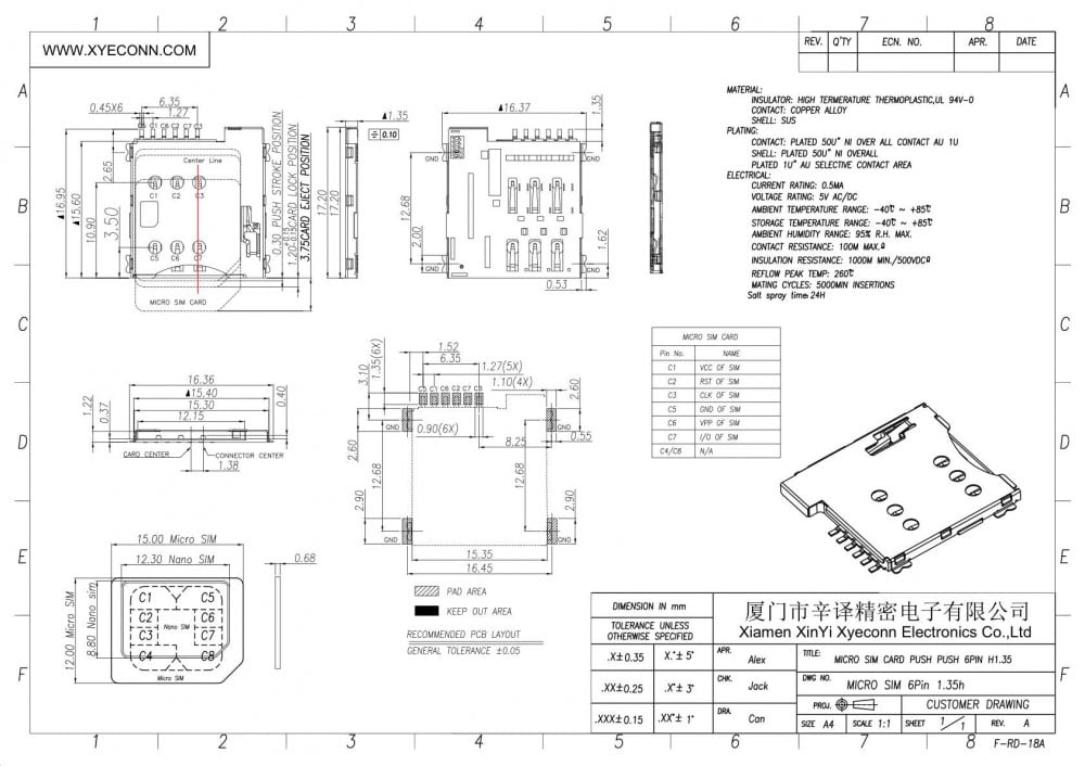 XYECONN MICRO SIM 6Pin 1.35h document page 1