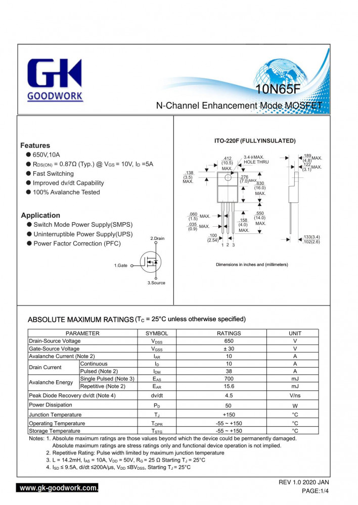 GOODWORK 10N65F datasheet page 1